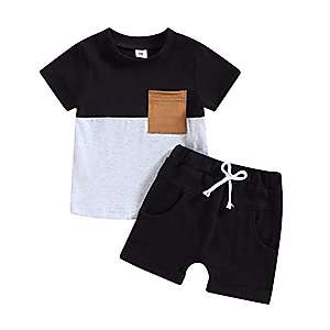 allshope Toddler Baby Boy Summer Clothes Short Sleeve Contrast Color Pocket T-Shirt Tops Solid Color Drawstring Shorts Outfit Set (Black, 12-18 Months)