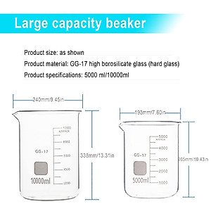 Large Capacity Glass Beaker, Borosilicate High Temperature Resistance Graduated Cup,lab School Chemistry Experiments Measure Mix Beaker with Pour Spout,10000ml,2pcs