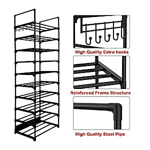 ANJETKON 10 Tier Durable Black Metal with Hooks Skinny Narrow Corner Standing Vertical Shoe Rack Tall Tower for Small Spaces Entryway Closet 20-24 Pairs Shoe and Boots Organizer Storage Shelf