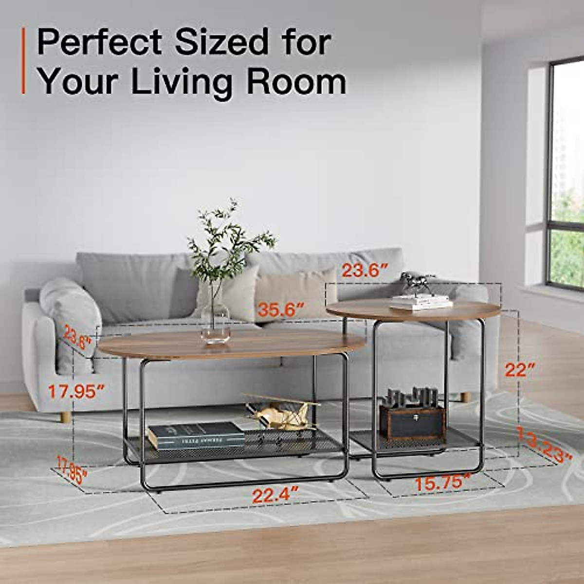 Amada Coffee Table Set, 2-Tier Center Table with Open Shelf and Metal Frame, Modern Round Coffee Table for Living Room, Set of 2, AMCT2V