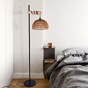 Boho Arc Floor Lamp with Remote, Rattan Farmhouse Standing Lamps with Dimmable LED Bulb, Modern Black Tall Lamp with Woven Shade for Living Room Office Bedroom, App Control, Height Adjustable