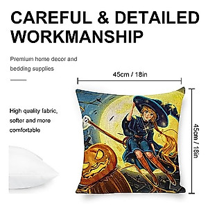 Witch Pumpkin Halloween Throw Pillow Covers 18×18 Pillowcases Set of 1 Cute Ghost Moon Linen Decorative Square Pillow Case Cushion Covers Standard Size for Sofa Couch Outdoor Bed Pillow Protectors