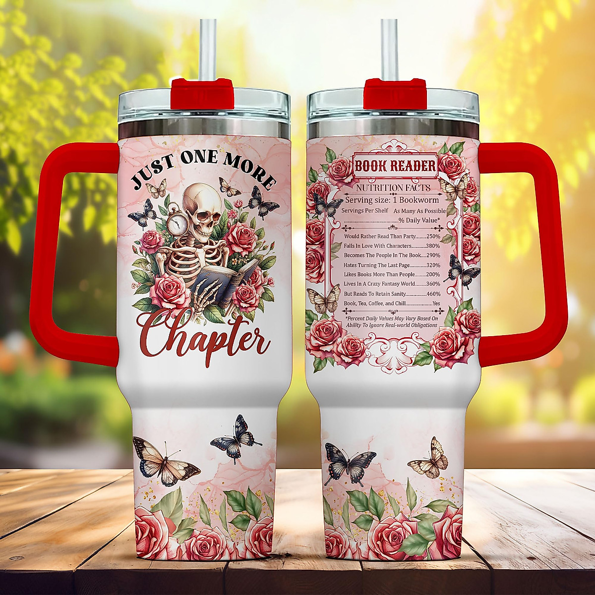 99WHALE Women More Just One Glitter Modern Red Steel Lover Hot Books Chapter, Book Gifts, Tumbler 40 Oz With Handle Lid And Straw, Book Reader Skull Rose Flower Nutrition Facts