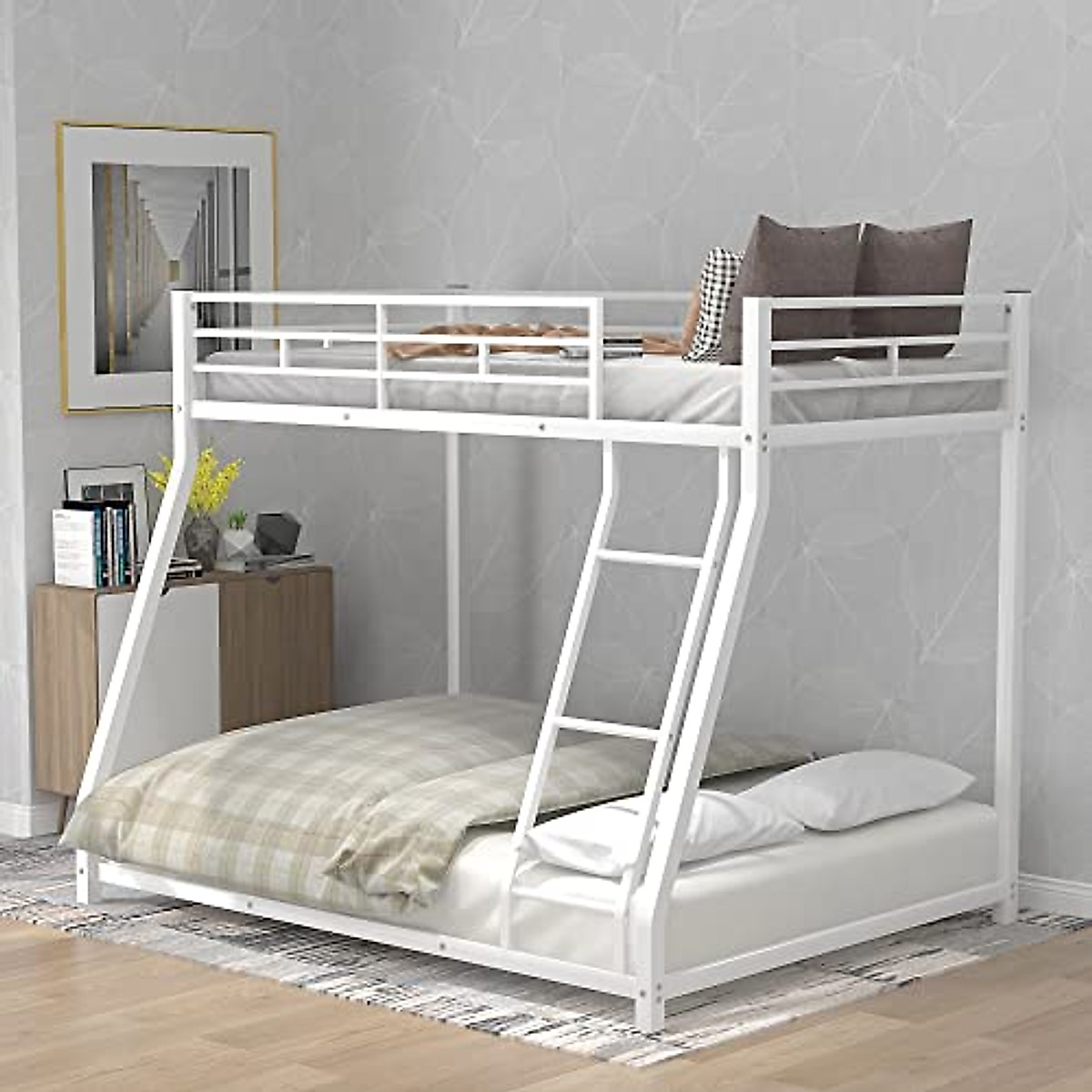 Lifeand Twin Over Full Bunk Bed with Metal Frame, Guardrail and Ladder, Space-Saving Design, Metal Bed for Kids&Teens,White