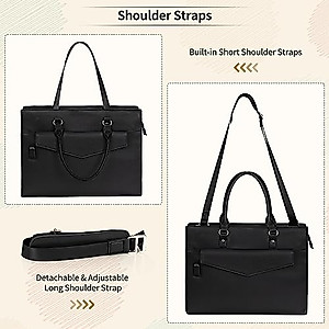 Laptop Tote Bag for Women, 17 Inch Laptop Bag Waterproof Leather Computer Tote Bag, Large Work Bag with USB Charging Port, Womens Laptop Briefcase Business Office Handbag Work Shoulder Bag, Black