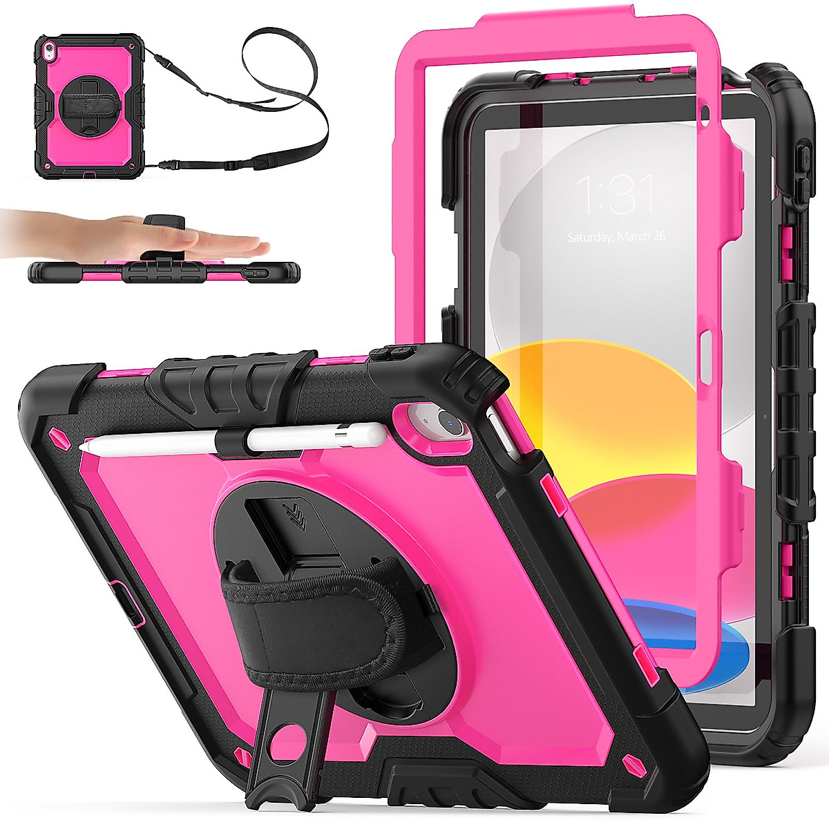 SIBEITU Case for iPad 10th Generation 10.9 inch 2022 with Screen Protector Pencil Holder, 3 Layer Shockproof Rugged Protective Case for iPad 10th Gen A2757/A2777 w/Kickstand & Shoulder Strap, Rose