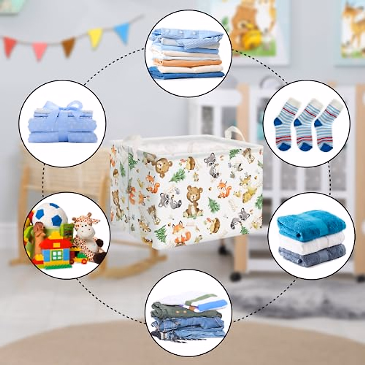 Clastyle Cute Woodland Animals Shelf Basket Bear Fox Squirrel Fir Tree for Nursery Storage Bin Rectangle Clothes Books Toy Storage Cube, 36L