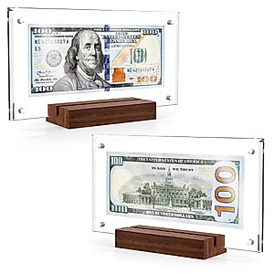 Dollar Bill Frame,Acrylic Currency Display Holder with Black Walnut Base Clear Paper Money Frame for Collectors Ticket Protector Photos Display Case,7.8 * 4.1inch（2PCS）
