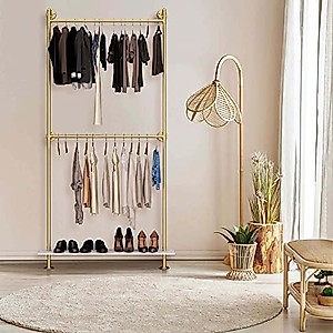 AIWFL Industrial Pipe Clothing Rack Wall Mounted,Modern Simple Metal Clothes Rack,Vintage Retail Display Garment Rack with White Shelves,Metal Gold Clothes Racks with 2 Tier Hanging Rods(47.2" L)
