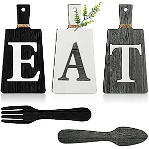 Jetec Cutting Board Eat Sign Set Hanging Art Kitchen Eat Sign Fork and Spoon Wall Decor Rustic Primitive Country Farmhouse Kitchen Decor for Kitchen and Home Decoration (Black, White, Gray)