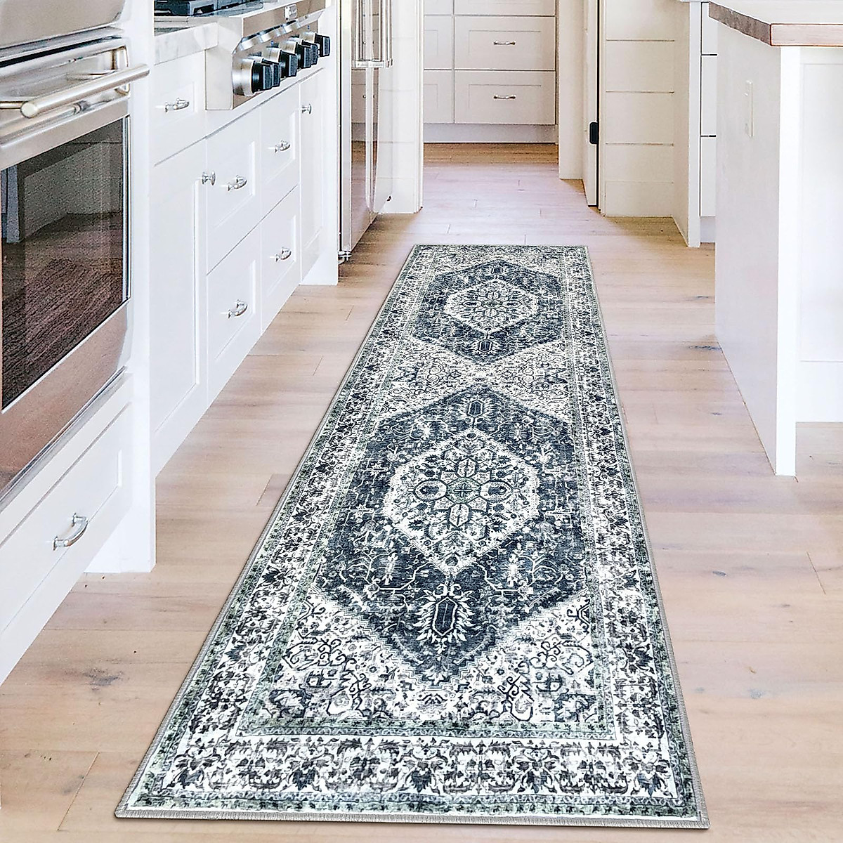 KOZYFLY Runners for Hallways 2x6 Ft Washable Kitchen Runner Rug Boho Runner Rug for Entryway Indoor Grey Oriental Faux Wool Bathroom Runner Rug Floor Carpet Runner for Bedroom Kitchen Hall