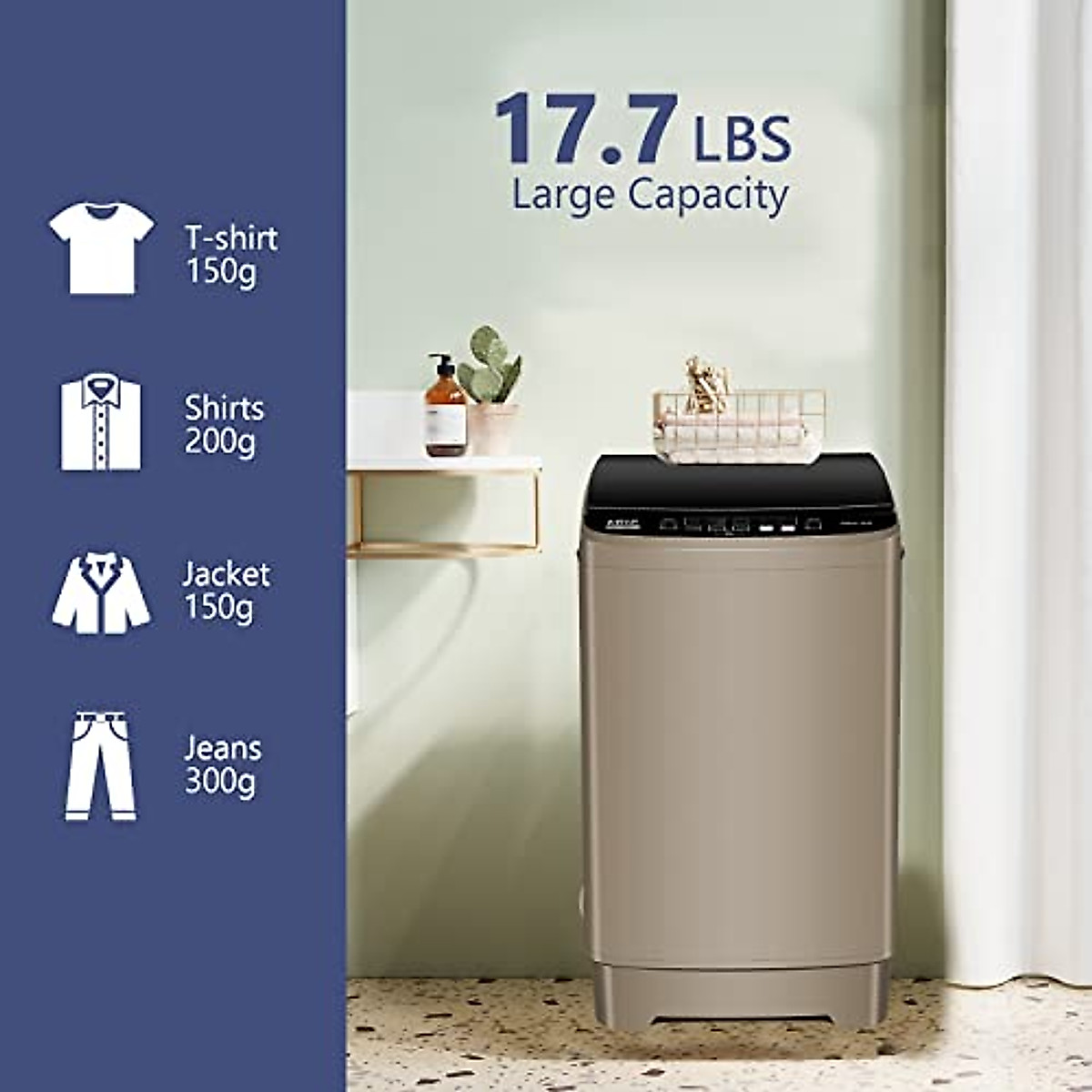 Full Automatic Washer with Drain Pump 17.7 lbs, Krib Bling Small Washing Machine with LED Display, Mini Washing Machine with 10 Washing Programs, Ideal for Dorm, Apartment, Camping, Gold