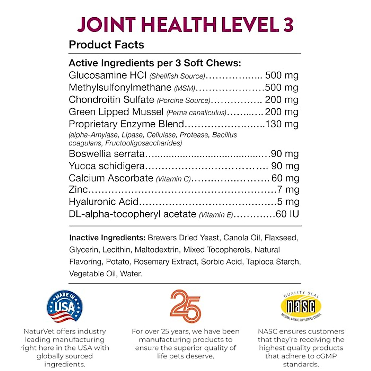 NaturVet Joint Health Level 3 Dog Soft Chew, 15.2 oz., Count of 180, 180 CT