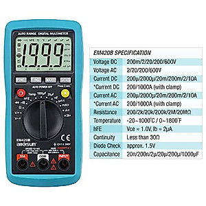 allsun Auto-Ranging Digital Multimeter Capacitance Test Multi Tester Electrical Test Tools AC DC Amp Volt Temp OHM DMM Auto Power Off Backlight Max.Reading 1999 EM420B