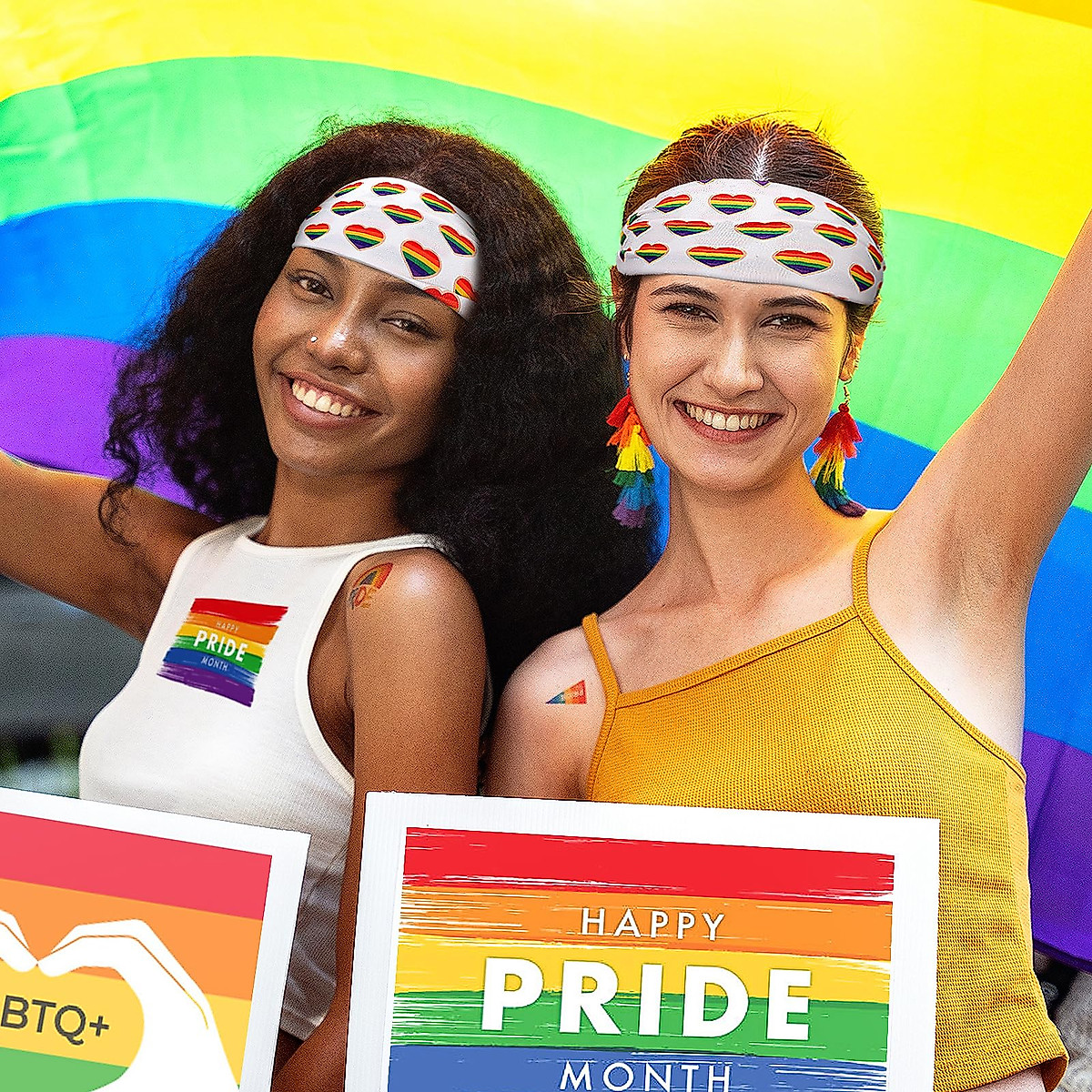 Cosweet Gay Pride Headbands - Moisture-wicking Milk Silk Rainbow Sweatbands, Highly Elastic LGBTQ Hair Accessories for Men Women Adults Pride Parade Festival Party (2 Pack, Rainbow Flag Style)