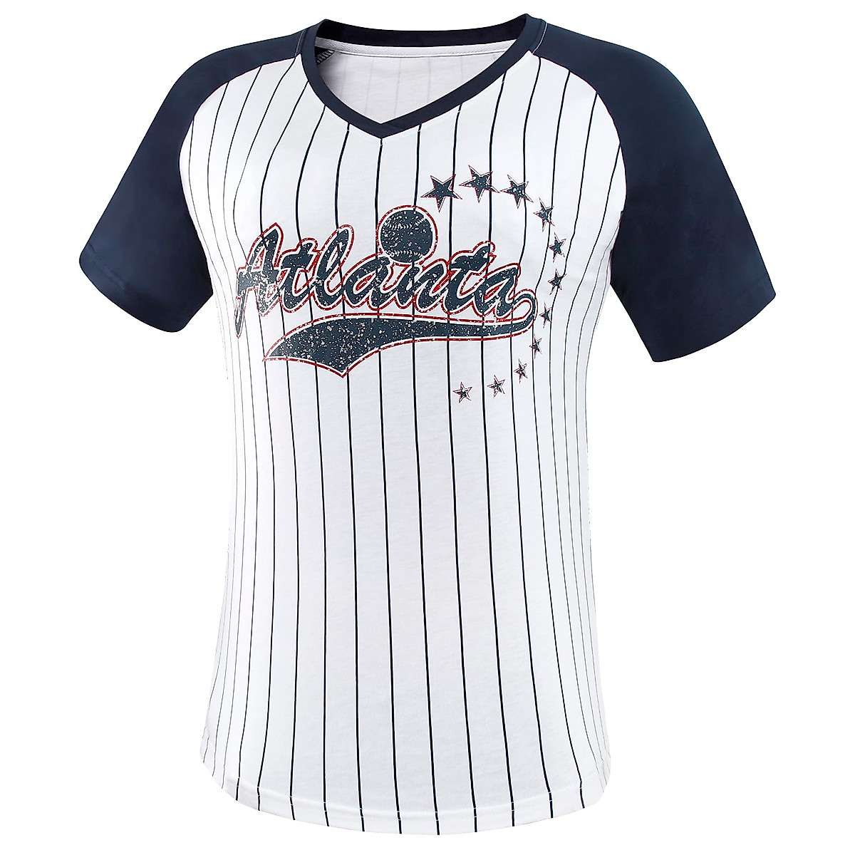 Womens City Baseball Fans Sporty Pinstripe V Neck Tee Shirts - White & Navy Size: Small