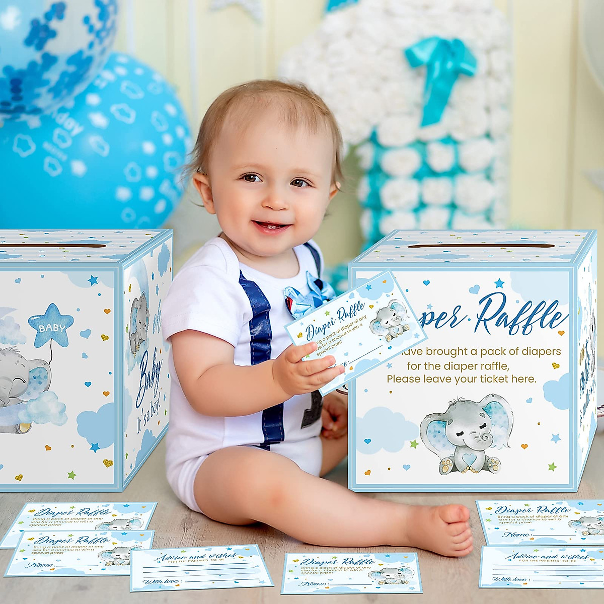 Teling 51 Pieces Diaper Raffle Tickets with Diaper Raffle Card Box Baby Shower Decorations Baby Shower Holder Box for Girl Boy Diaper Raffle Party(Blue Elephant)