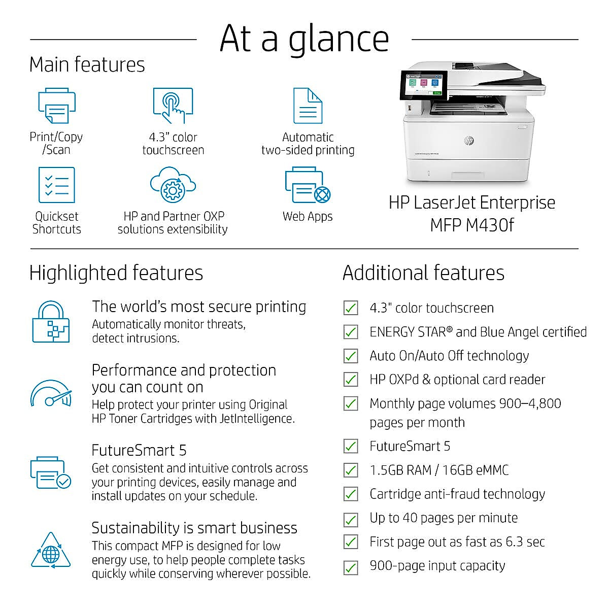 HP Laserjet Enterprise MFP M430f All-in-One Wired Monochrome Laser Printer, White - Print Scan Copy Fax - 4.3" LCD, 40 ppm, Auto Duplex Printing, 50-Sheet ADF, Ethernet (Renewed)