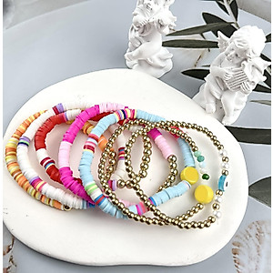 WAINIS 44 Pcs Surfer Heishi Clay Bead Bracelets for Women Bohemian Stackable Beaded Stretch Bracelets Elastic Layering Friendship Bracelets Set Boho Jewelry Cute Bracelets for Concert Beach Vacaiton