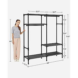 SONGMICS Garment Rack Heavy Duty Clothes Rack, 65 Inch Freestanding Portable Wardrobe Closet with Hanging Rails and Shelves, Total Load 242 lb, Easy Assembly, for Cloakroom, Bedroom, Black URDR201B02