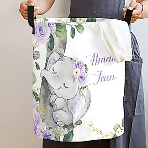 Elephant Purple Floral Garden Storage Bin, Waterproof Oxford Fabric Clothes Basket Organizer for Laundry Hamper,Toy Bins,Gift Baskets, Bedroom, Clothes,Baby Nursery