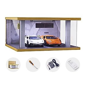 SIKIVOT 1：32 Car Display Case，Diecast Garage Scene Display， Scale Garage Display Case，2 Parking Space with LED Light and Acrylic Cover (7332Number 86)