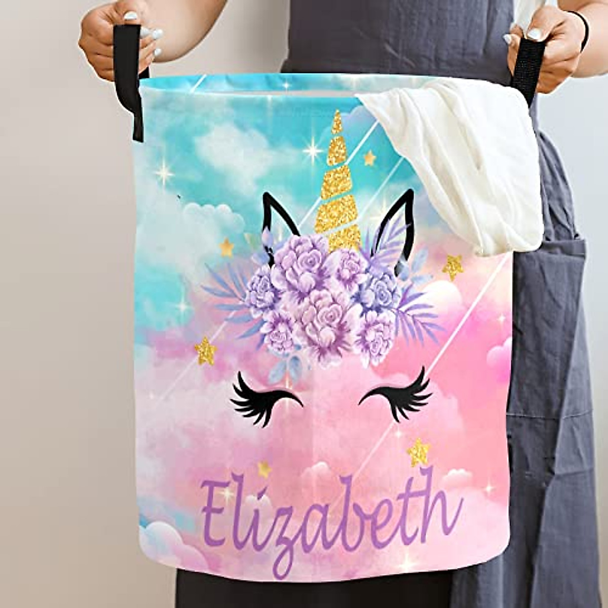 Unicorn Laundry Basket Personalized Laundry Hamper Custom with Name for Girl Rainbow Collapsible Waterproof Storage Basket with Handles (Option 15)