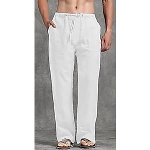 perdontoo Mens Casual Cotton Linen Pants Elastic Waist Drawstring Straight Summer Beach Pants (X-Large, White)