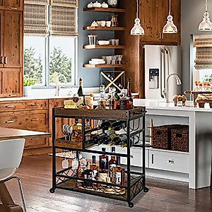 Ohsuaniy Bar Cart Industrial Kitchen Serving Carts for Home 3 Tier Storage Trolley with Wine Rack Glasses Holder Two Portable Trays Universal Casters with Brakes Rustic Rolling Cart Alcoholic Beverage