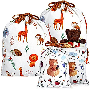 4 Pieces Large Baby Shower Drawstring Gift Bags Reusable Fabric Wrap Woodland Party Favor Bags for Baby Shower Gender Reveal Kids Birthday Supplies, 20.5 x 16.5 Inch, 12.6 x 9.8 Inch (Animal Style)