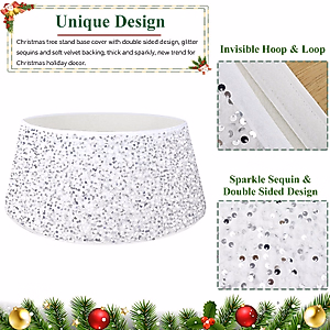 FUHSY Sequin Christmas Tree Collar White Christmas Tree Skirt 23.6 Inch Diameter Round Glittery Sequin Tree Skirts Velvet Xmas Tree Ring Box Christmas Santa Tree Stand Base Cover for Winter Holiday