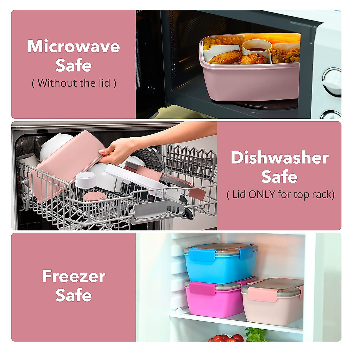 GiFBERA Large Salad Lunch Container - 68 oz Salad Bowl with 5 Compartments Bento-Style Tray, 2 pieces Salad Dressing Containers To Go, Leak-Proof & BPA-Free (Pink)