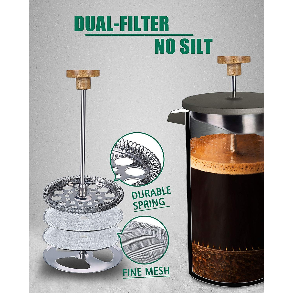 POLIVIAR French Press Coffee Maker, 34 Ounce Coffee Press with Real Wood Handle, Double Wall Insulation & Dual-Filter Screen, Food Grade Stainless Steel for Good Coffee and Tea (Cliff)