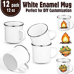 Mimorou 12 Pack Sublimation White Blanks Enamel Coffee Mug Set,12 oz Camping Outdoor Tea Camp Drinking Cups Travel Metal Skinny Mug with Silver Rim for Camping Picnic Office Home Use