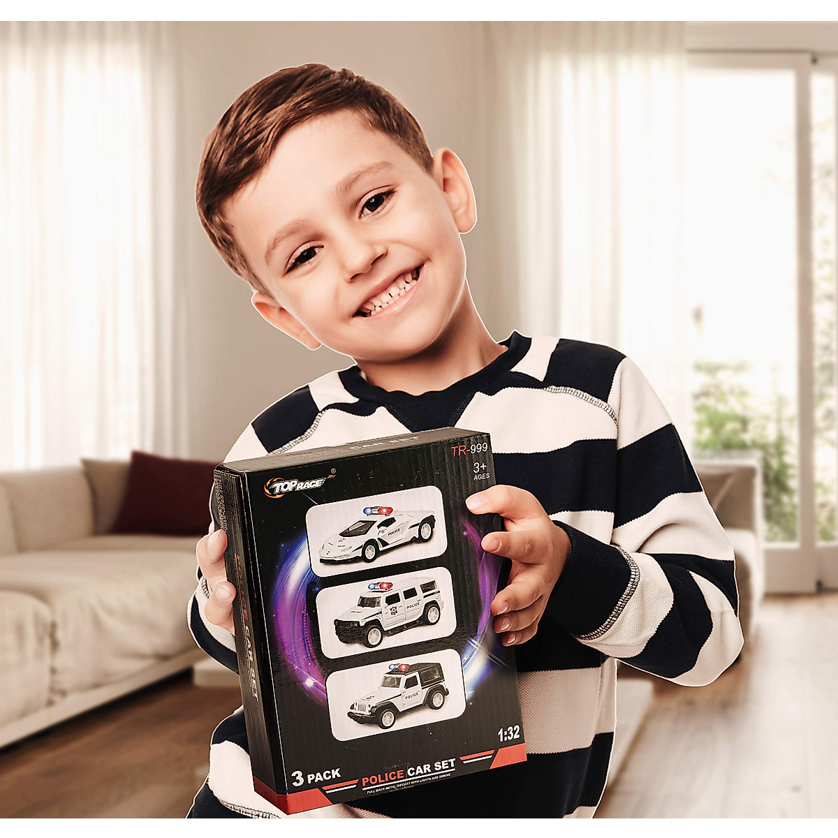 Top Race Metal Die cast Police Cars Pull Back Battery Powered with Led Headlights Police Truck and Sirens 1:32 Scale Set of 3 - Die Cast Metal Toy Cars Hot Wheels Police Cars