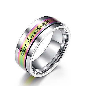 SSZYU Inspirational Jewelry Fashion Ring Stainless Steel Silver& Rainbow 2 Tone Band Ring for Women Just Breathe Inspirational Spinner Ring Encouragement Graduation Mantra Ring for Women,Size 10