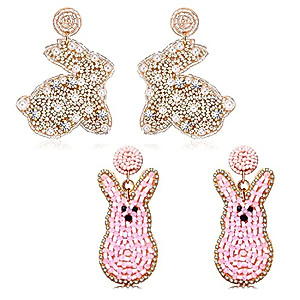 2 Pairs Easter Earrings for Women Beaded Easter Egg Bunny Earrings Letter HAPPY EASTER Earrings Cute Rabbit Dangle Earrings Spring Holiday Jewelry Gifts (Style C)