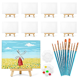 8 Pack 8x10 in Canvas Boards for Painting,Canvas for Painting with 9.5" Easel, Art Canvas Painting Kit with 10 Brushes & 2 Paint Tray for Kids Teenagers Acrylic Pouring Oil Water Color Gift…