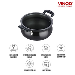 Vinod Black Pearl Hard Anodised Handi – Stainless Steel Lid – Junior Size – 3 Liters (3.2 Quarts) – Suitable For Biryani, Pulao, Gravy, Curry – Aluminium Pot – Riveted Handles - Metal Spoon Friendly