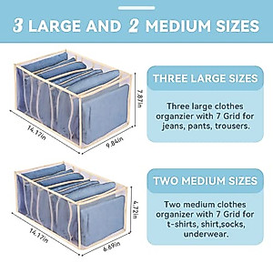 WHUBEFY Wardrobe Clothes Organizer,Extra Large Jean Organizer for Closet,7 Grids Portable Storage Drawer Organizer Clothes,Foldable Mesh Separation Box for Folded Clothes,Pants,Shirts (Upgraded,3 L+2 M)