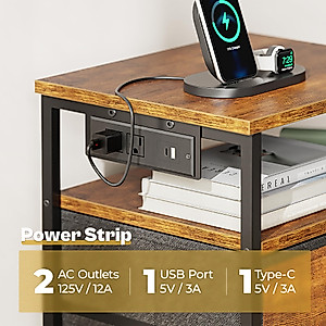 Huuger File Cabinet with Power Outlets, 2 Drawer Filing Cabinet, Printer Stand with Storage, Rolling File Cabinet with Lockable Wheels/Adjustable Feet, Open Shelf, Wood Top, Rustic Brown