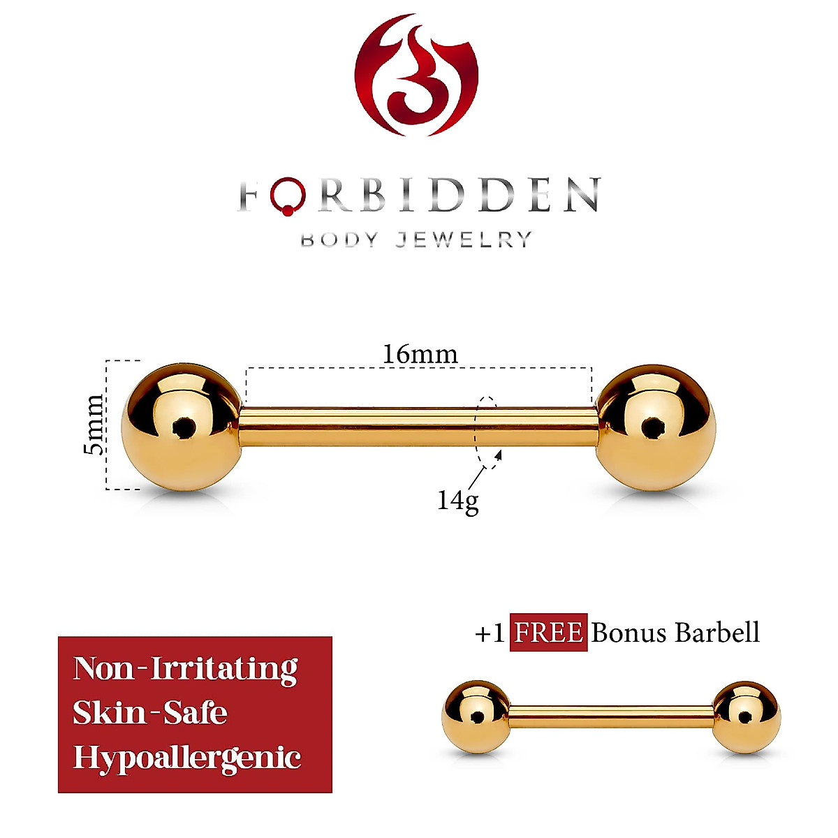 Forbidden Body Jewelry 14g Rose Gold IP Plated Surgical Steel Barbell, 16mm Length, 5mm Balls, Sold as Pair