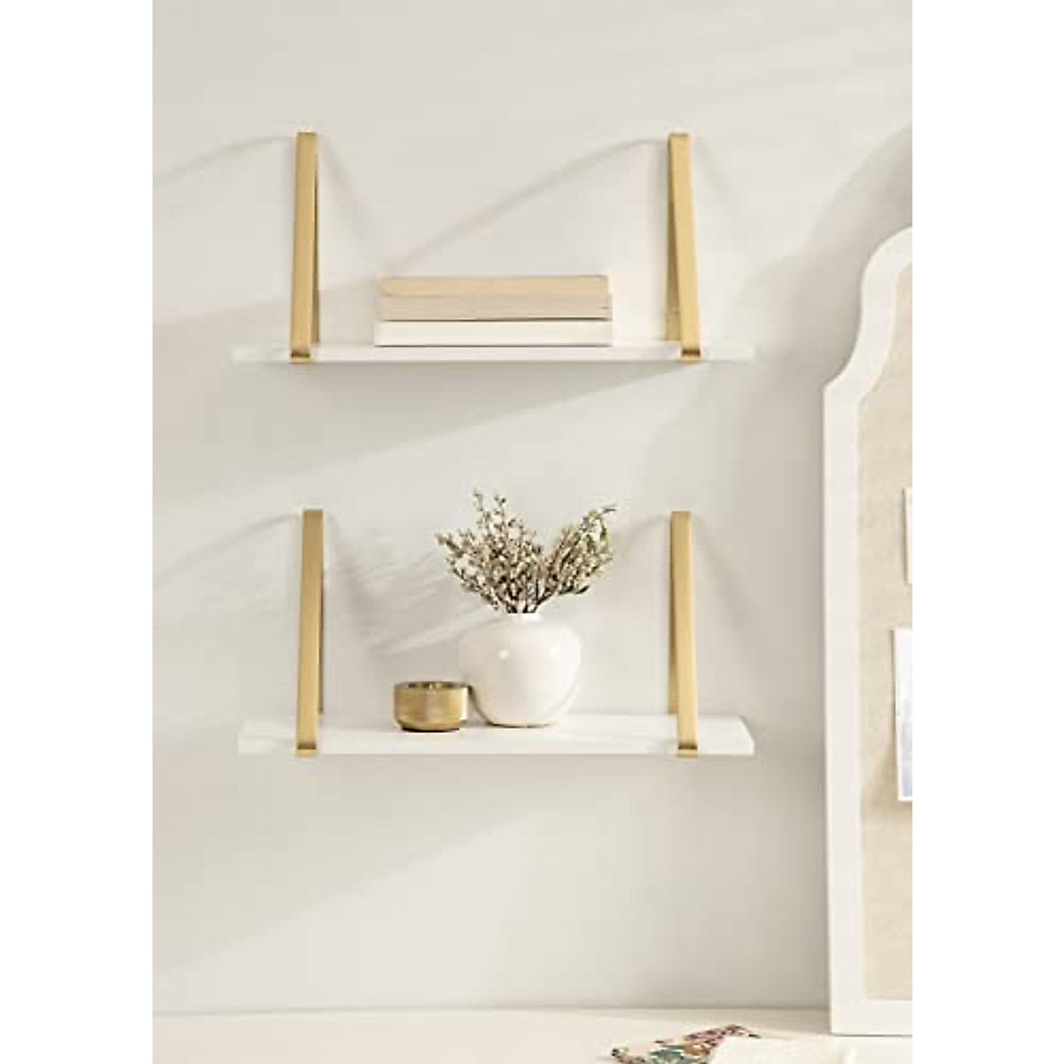 Kate and Laurel Soloman Modern Wooden Shelves, 18 inch, Set of 2, White and Gold, Contemporary Glam Wall Storage and Home Decor