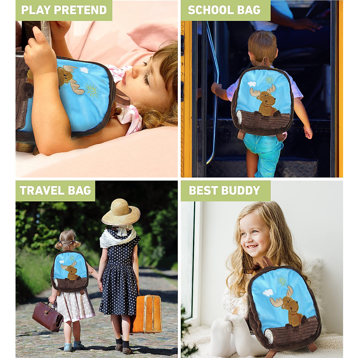 Puzzled DolliBu Moose Stuffed Animal Backpack - Super Soft Plush Stuffed Animal Bag for Children Accessories, Kids First Travel Plush Bag Toy For Boys & Girls- 11"