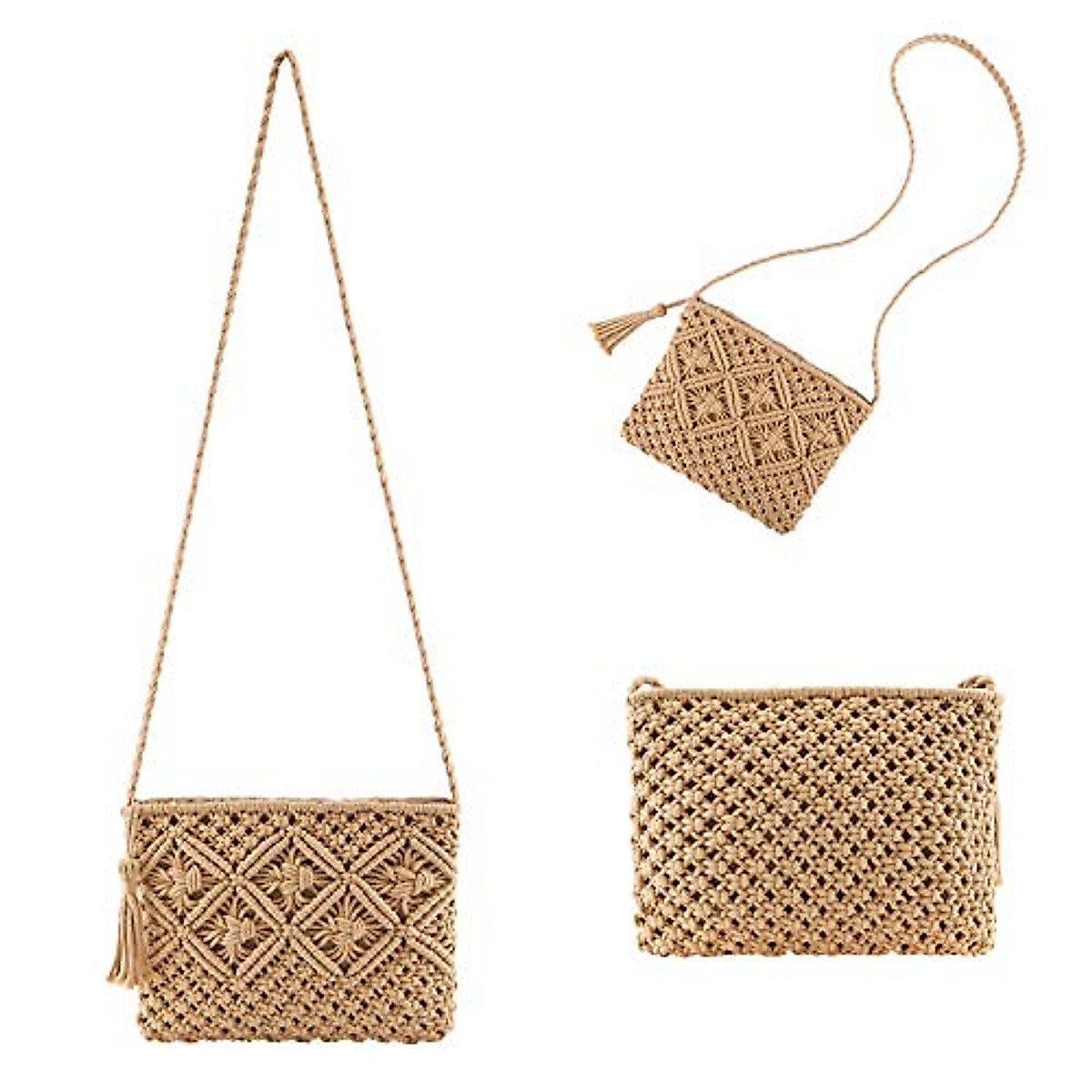 Ayliss Women's Handwoven Crossbody Handbag Summer Beach Shoulder Handbag Cotton Crochet Woven Handmade Purse Bag Tassel (Khaki)