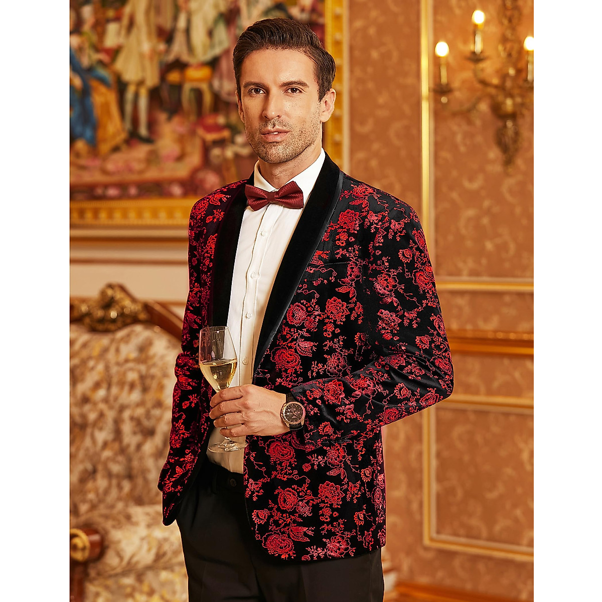 COOFANDY Mens Floral Tuxedo Jacket Regular Fit Velvet Blazer Red Wedding Party Prom Suits Jacket