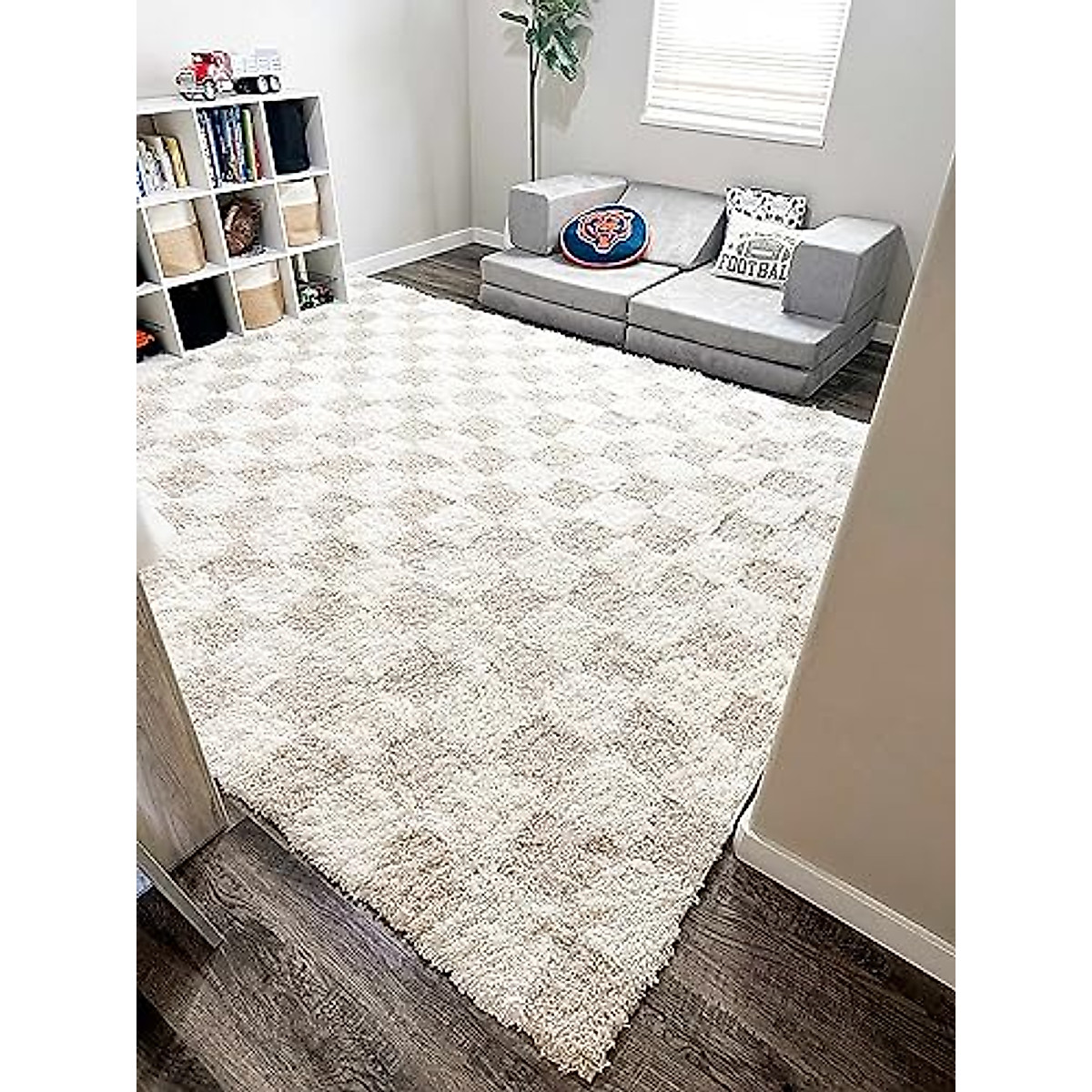 BoutiqueRugs Atira Modern Checkered Shag Area Rug - High Pile Fluffy Shag Rug for Kids Room, Nursery, Living Room, Bedroom, Dining Room - Beige, Cream, White - 6'7" X 9'6" (6x9 Area Rug)