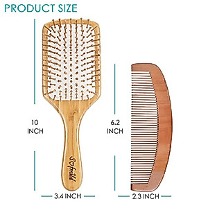 Hair Brush-Natural Wooden Bamboo Brush and Wooden Comb Set Paddle Hairbrush for Women Men and Kids Make Thick Curly Hair Health and Massage Scalp