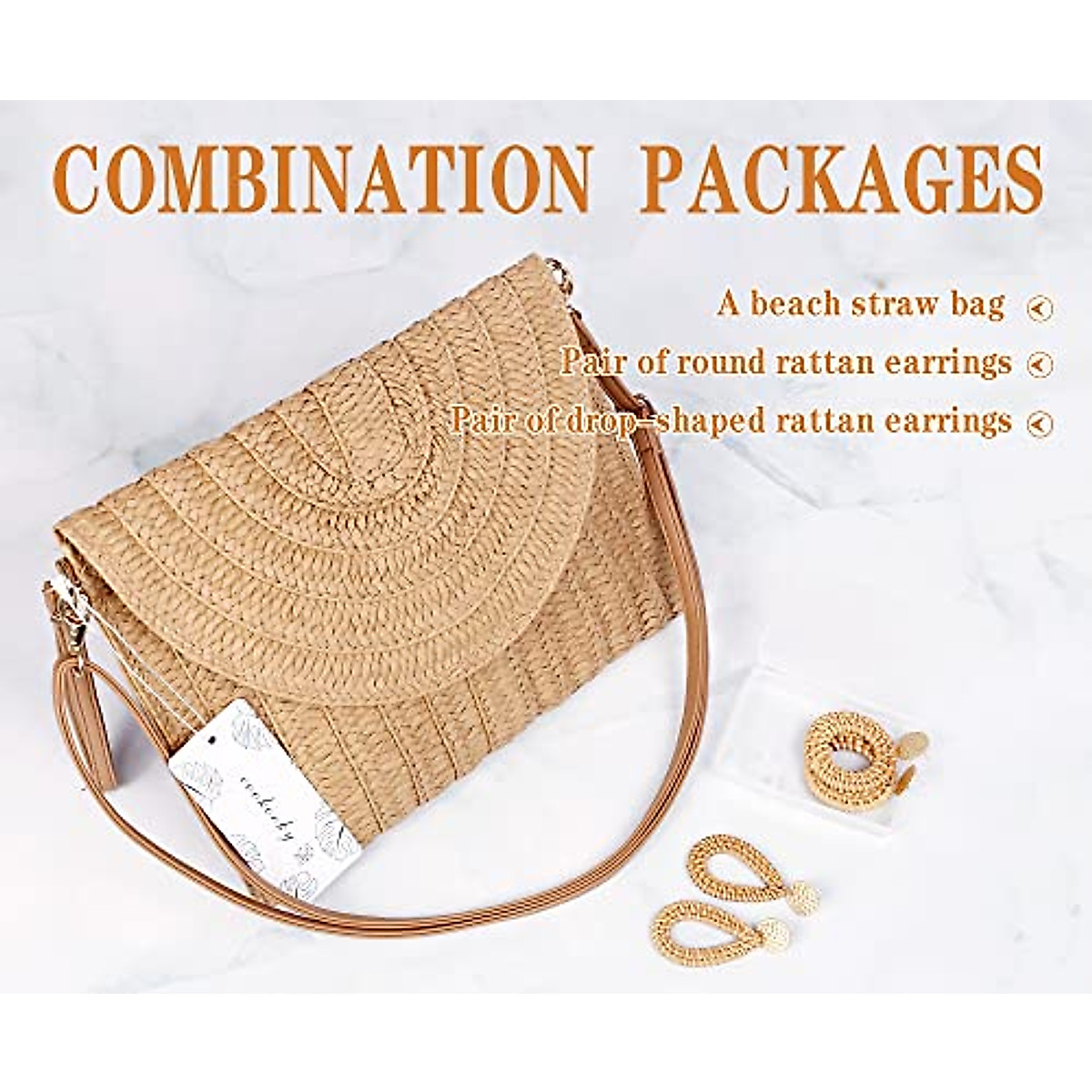 COOKOOKY Straw Clutch Handbag Summer Beach Straw Purse for Women woven Envelope Bag and 2 Pairs Rattan Earrings (Light brown bag and Rattan earrings)