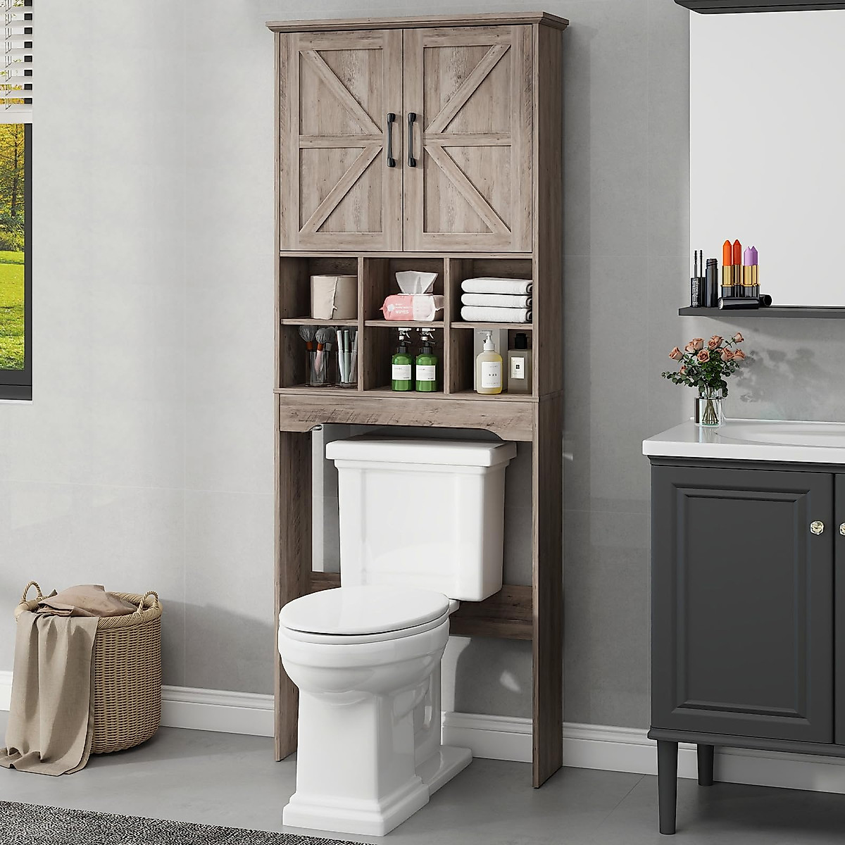 Befrases Over The Toilet Storage Cabinet with 2 Doors Storage Cabinet, Bathroom Storage Cabinet with Adjustable Storage Compartments, Suitable for Bathroom, Laundry Room, Small Spaces, Grey